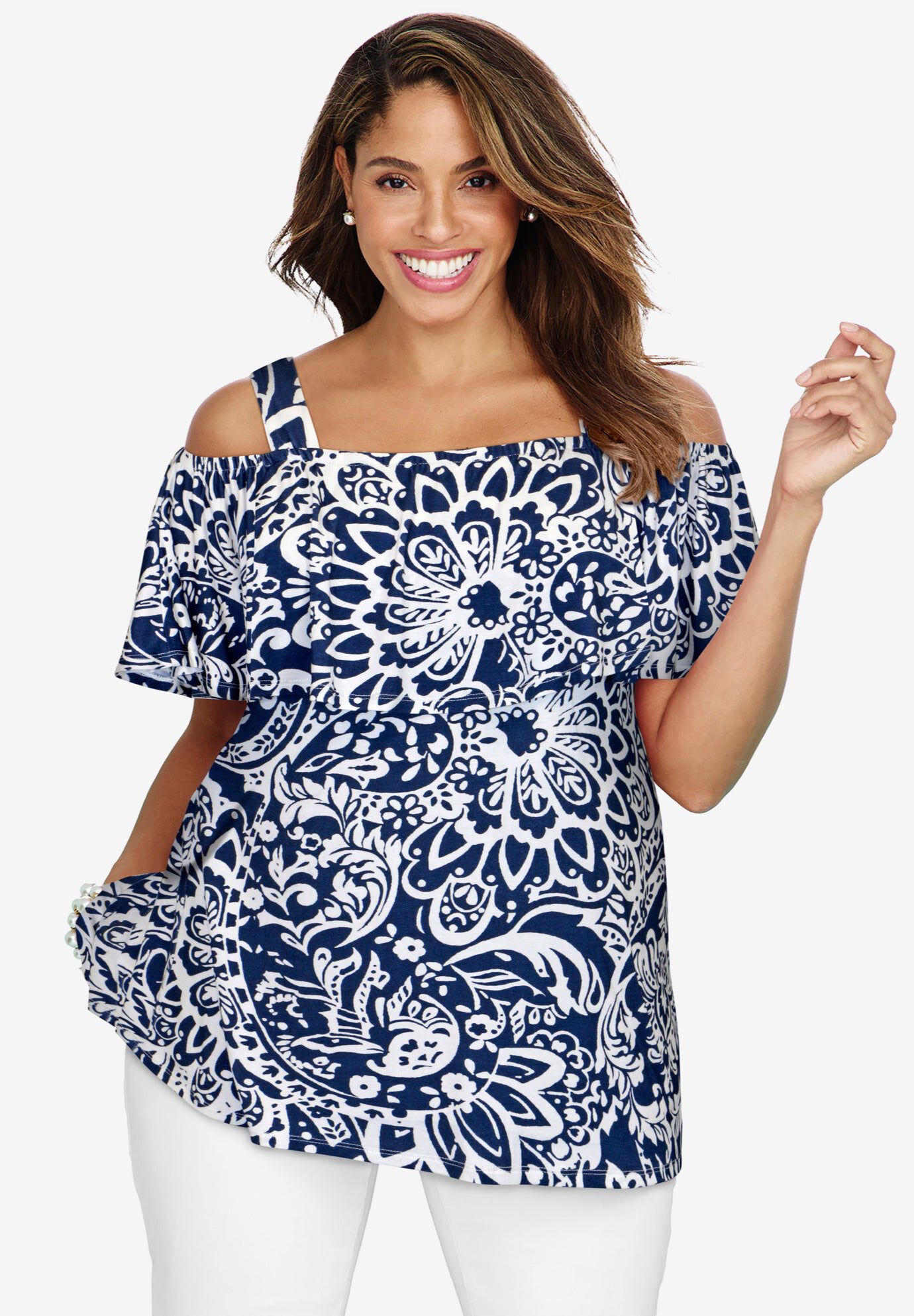 Stretch Knit Cold Shoulder Ruffle Tunic | Swimsuits For All