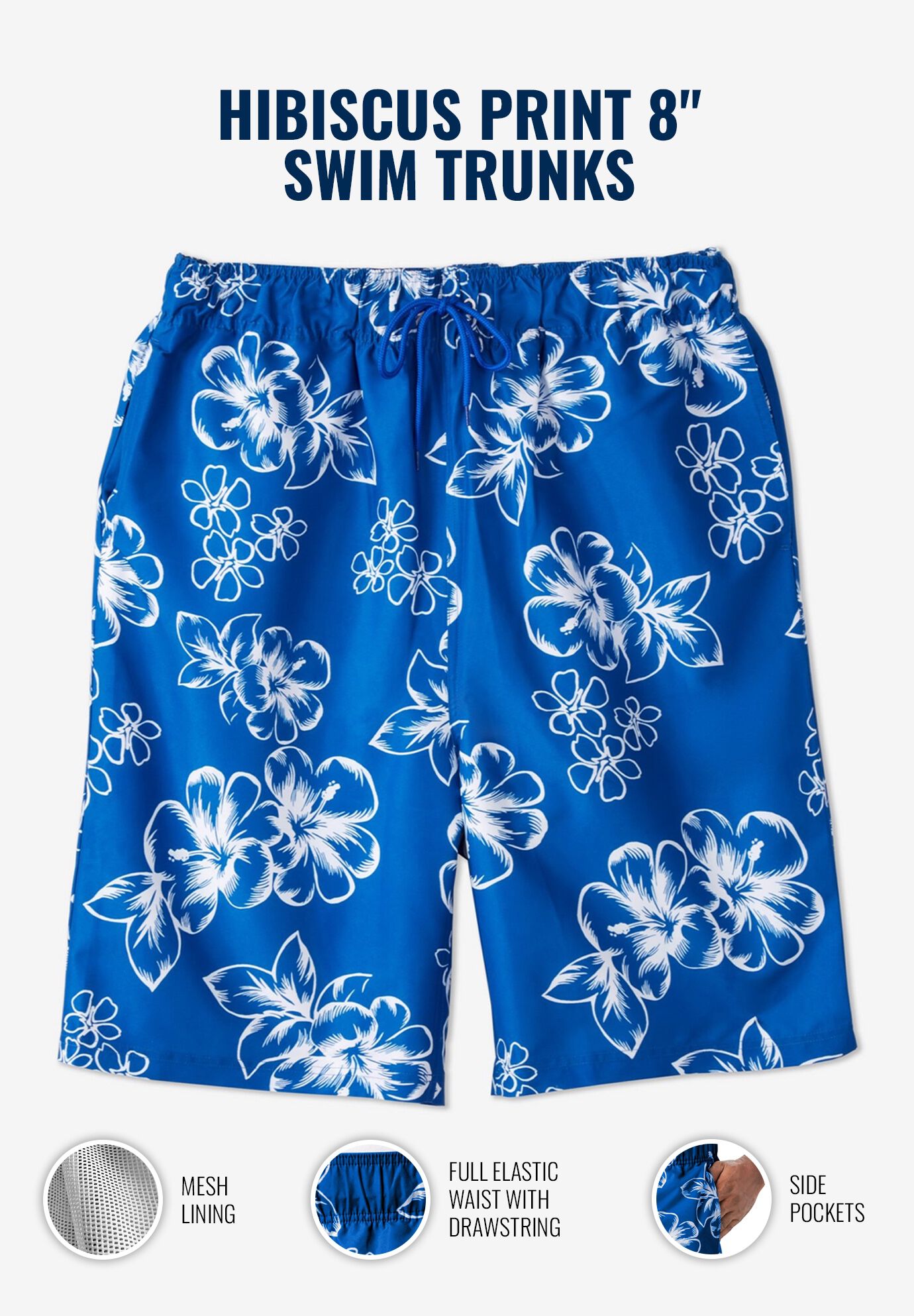 Everyday Hibiscus Print 8" Swim Trunks, Black Hibiscus | Swimsuits For All