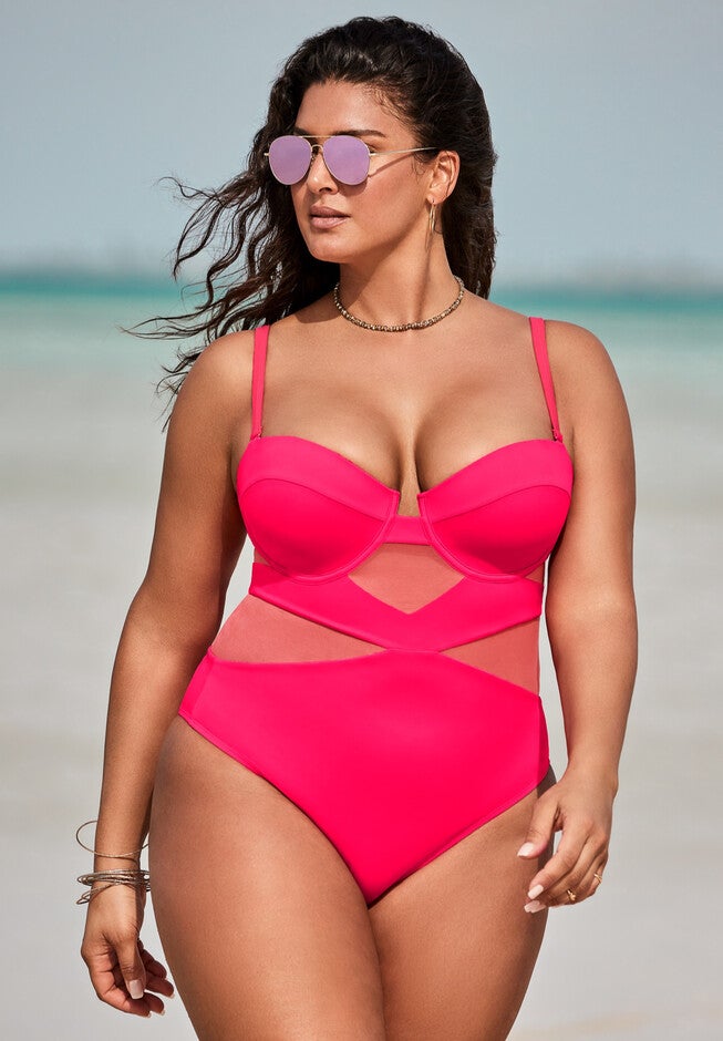 Everyday Mesh Spliced Bandeau Underwire One Piece Swimsuit Fire Coral