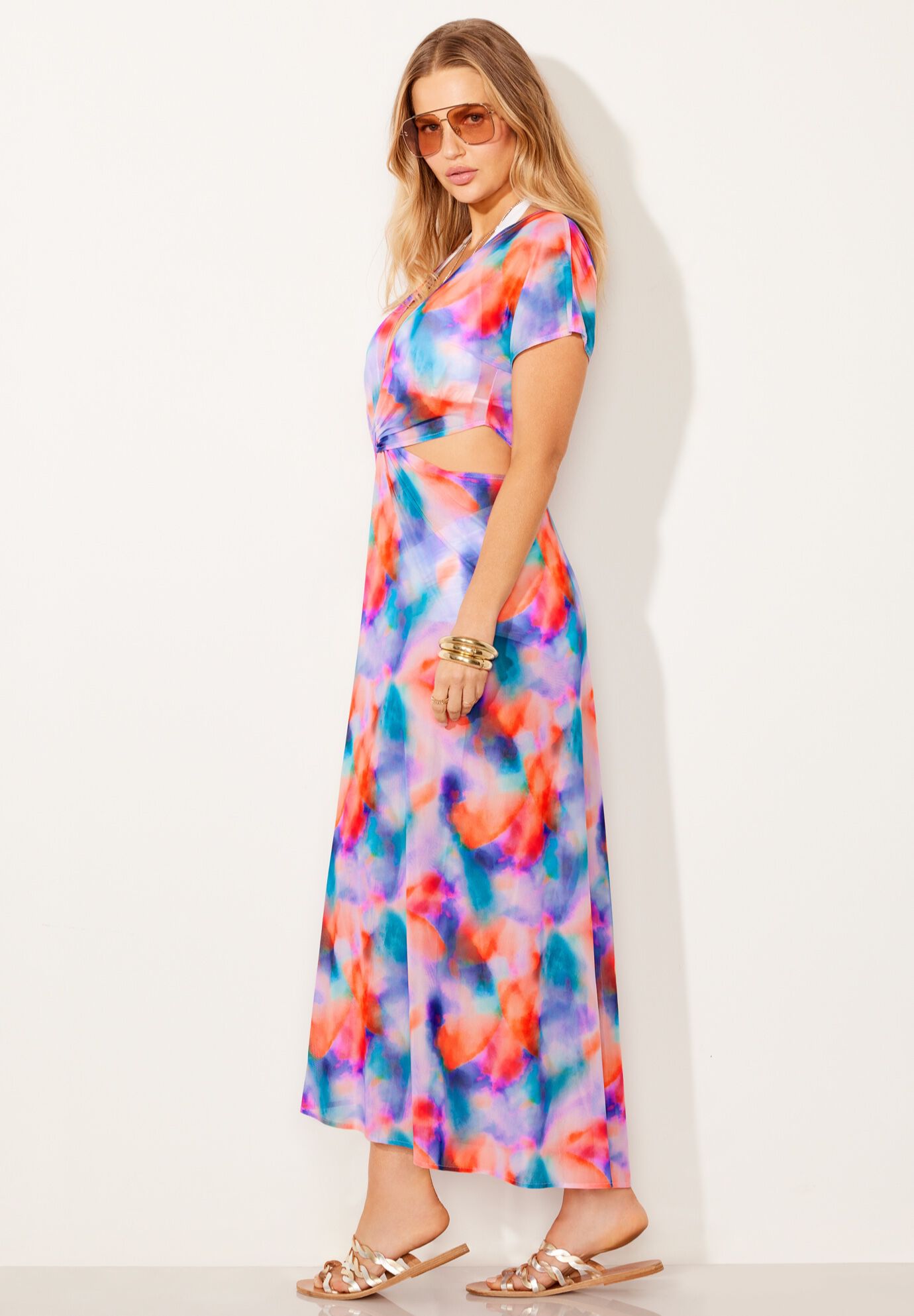 Flattering Twist Front Mesh Cut-Out Cover Up Dress, Warm Tie Dye Multi ...