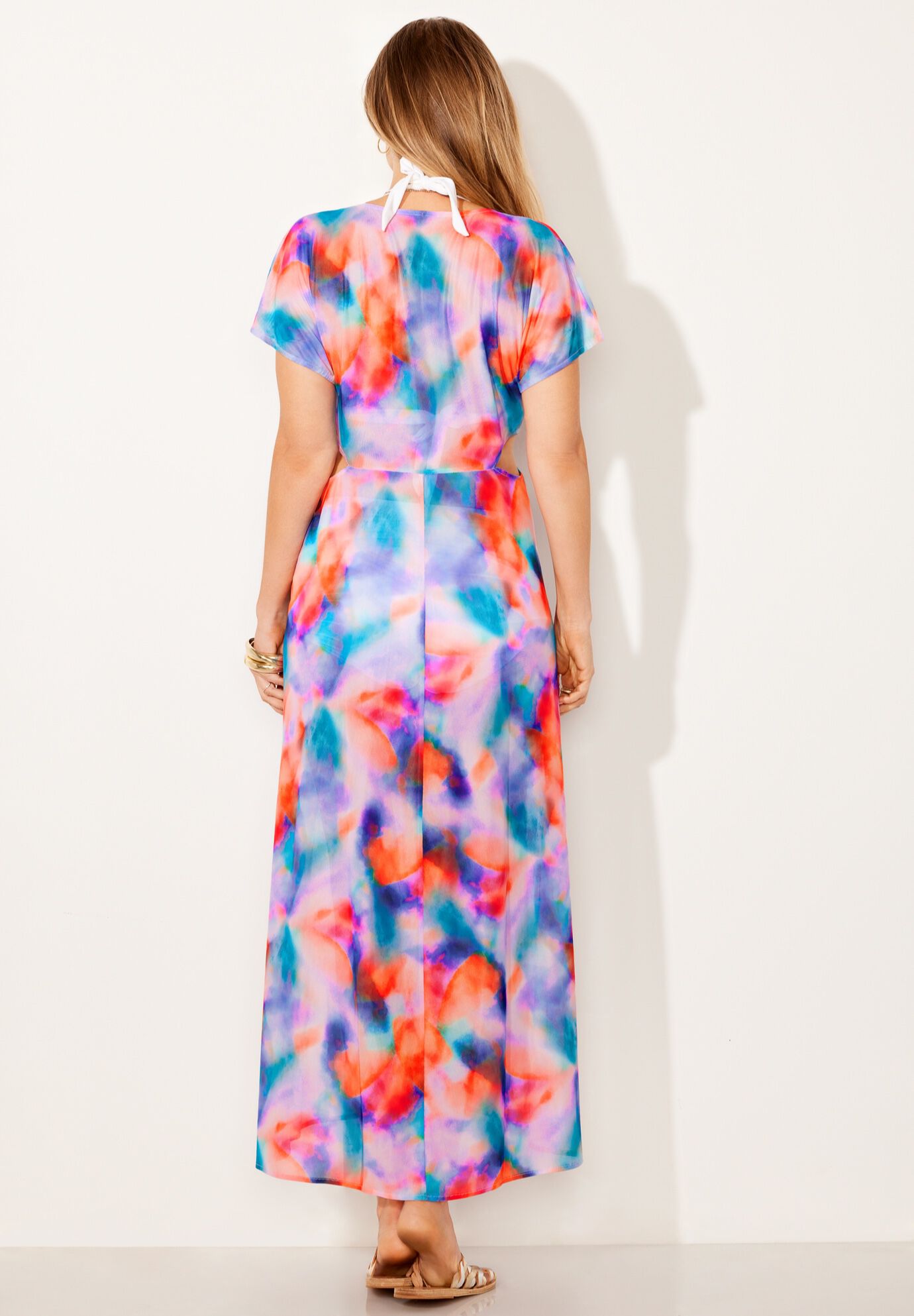 Flattering Twist Front Mesh Cut-Out Cover Up Dress, Warm Tie Dye Multi ...