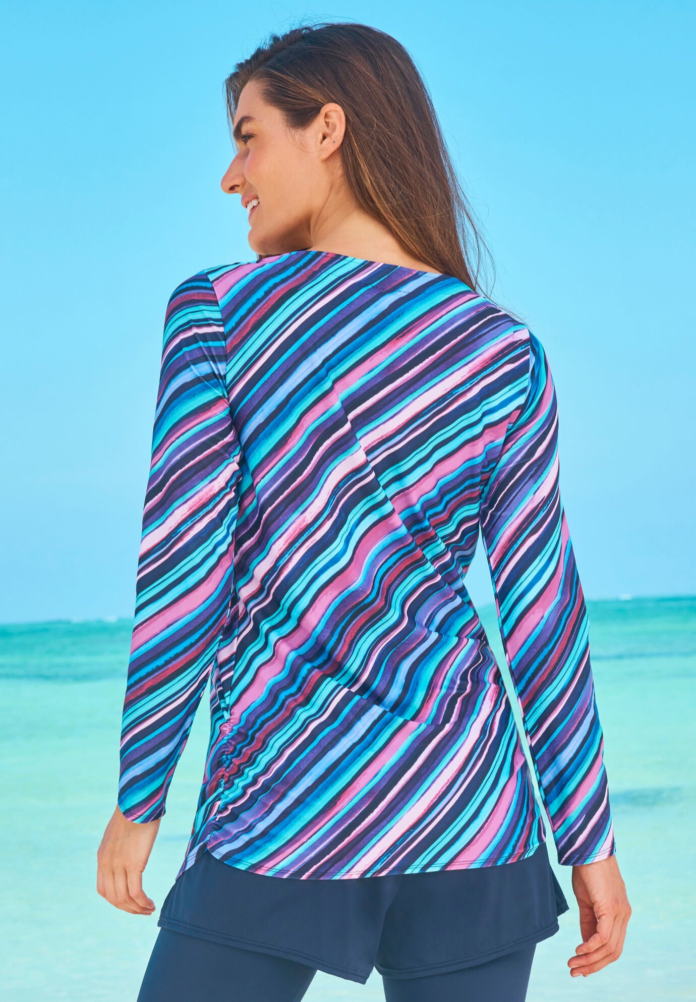 Everyday Split-Neck Long Sleeve Swim Tee with Built-In Bra, Blue Tie ...