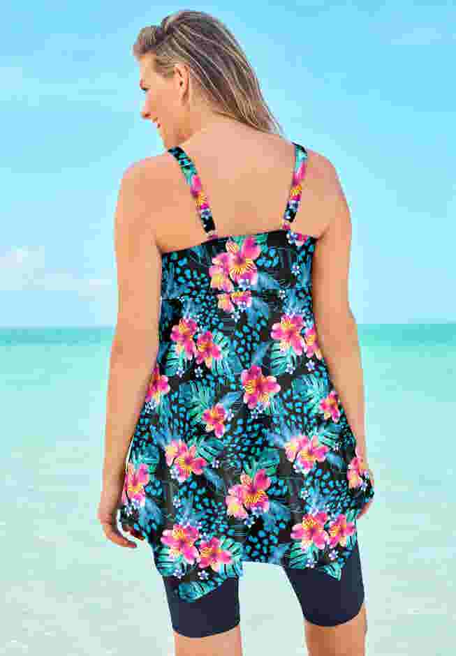 Flattering Longer-Length Tankini Top, Trop Animal Turq | Swimsuits For All