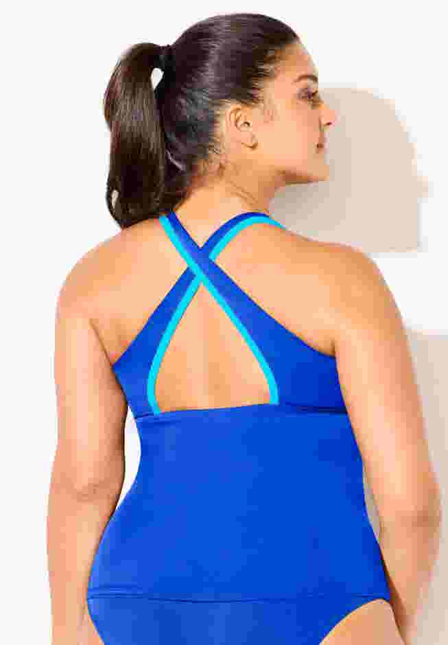 Chlorine Resistant Square Neck Contrast Trim Tankini Top | Swimsuits ...
