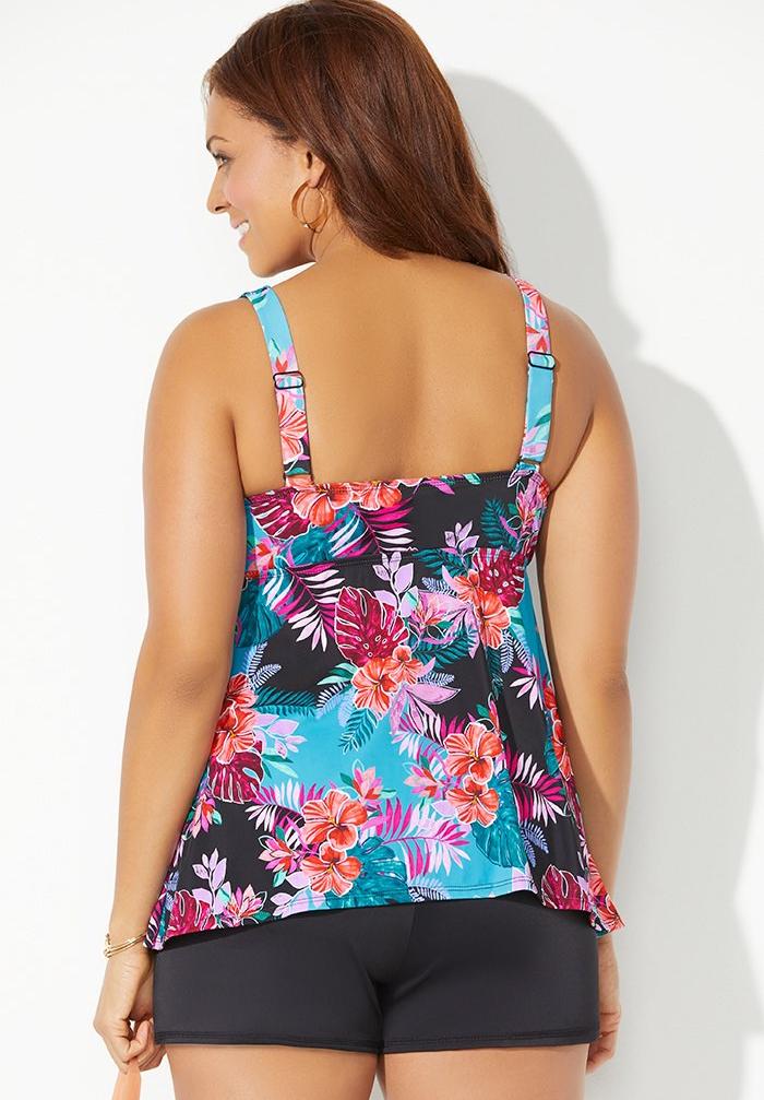 V-Neck Flowy Tankini Set with Banded Short | Teal Ground | Black ...