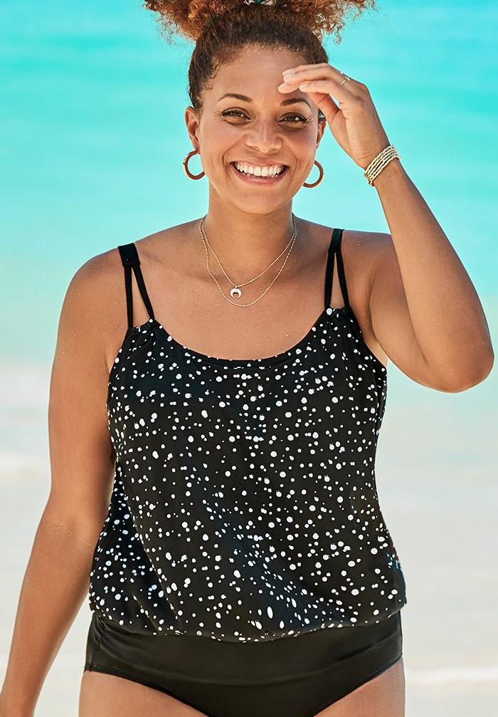 Loop Strap Blouson Tankini Set with Skirt | Black White Dot | Black ...