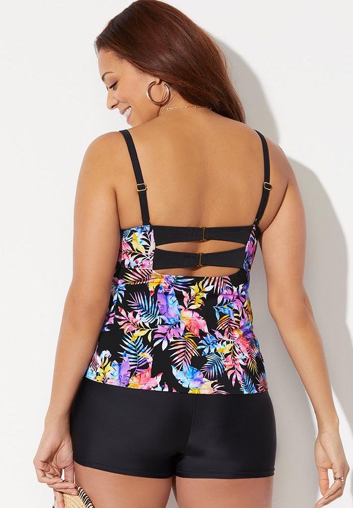 Faux Flyaway Underwire Tankini Set with Skort | Multi Leaves | Black ...