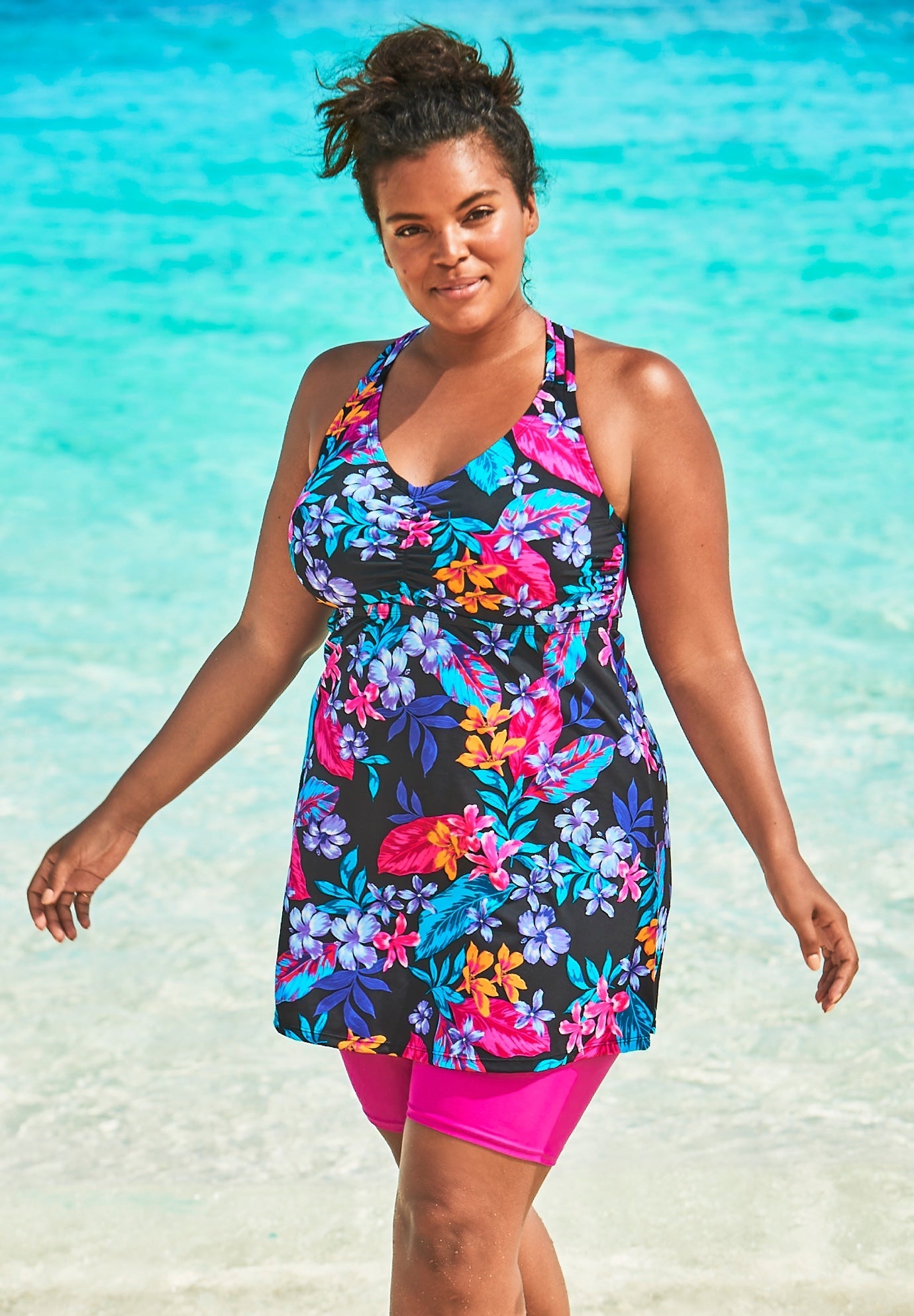 Flattering Longer Length Braided Tankini Top, Black Paradise Floral ...